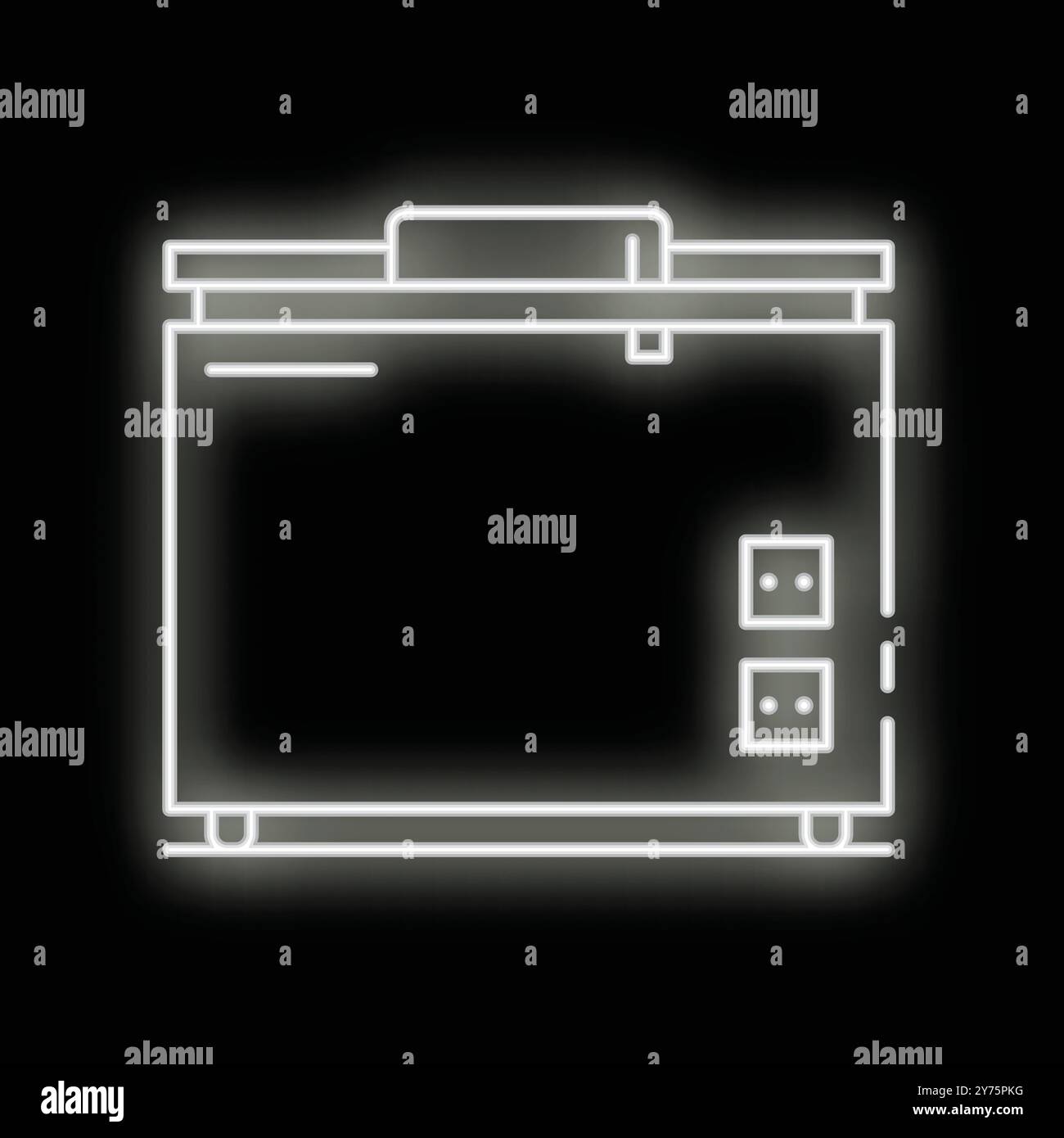 Glowing white neon icon of a portable dishwasher showing on a black ...