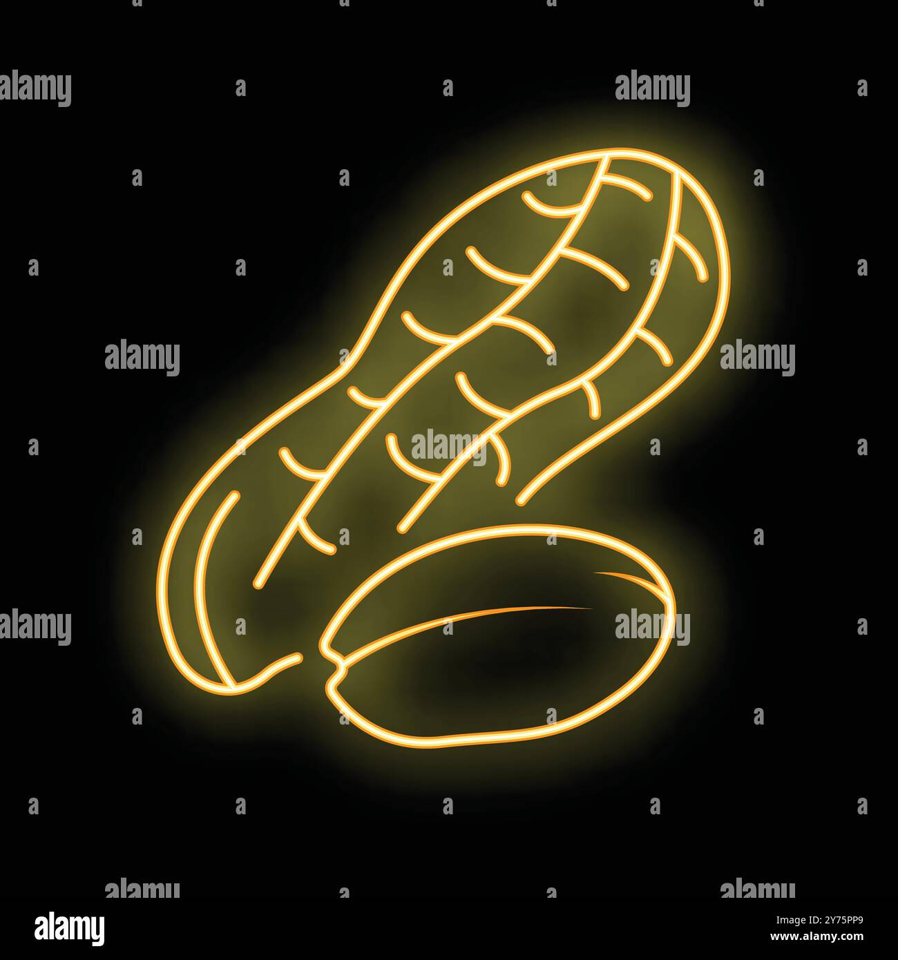 Bright yellow neon peanut logo is glowing on a black background Stock ...