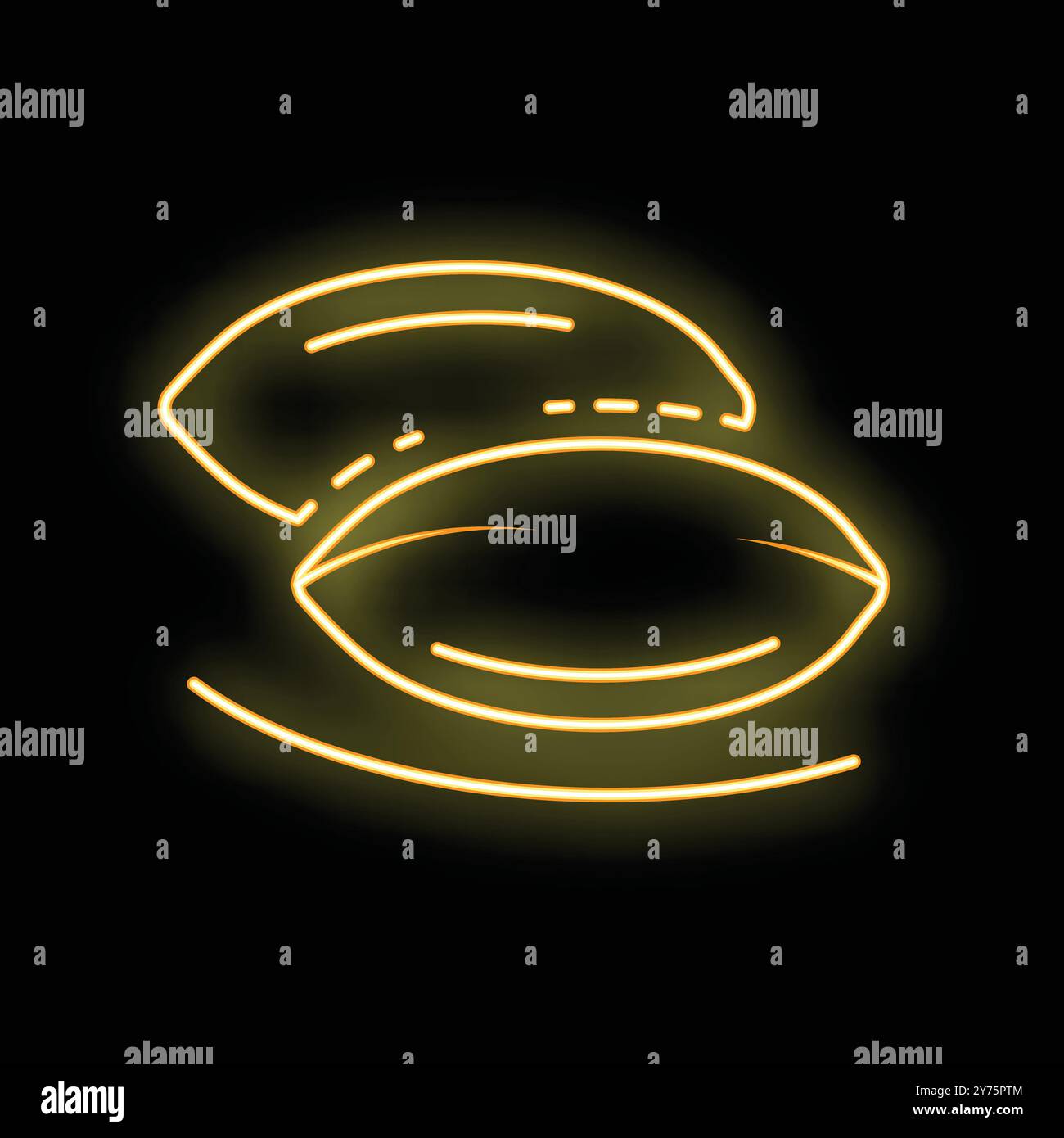 Glowing neon sign depicting two pistachio nuts on a black background ...