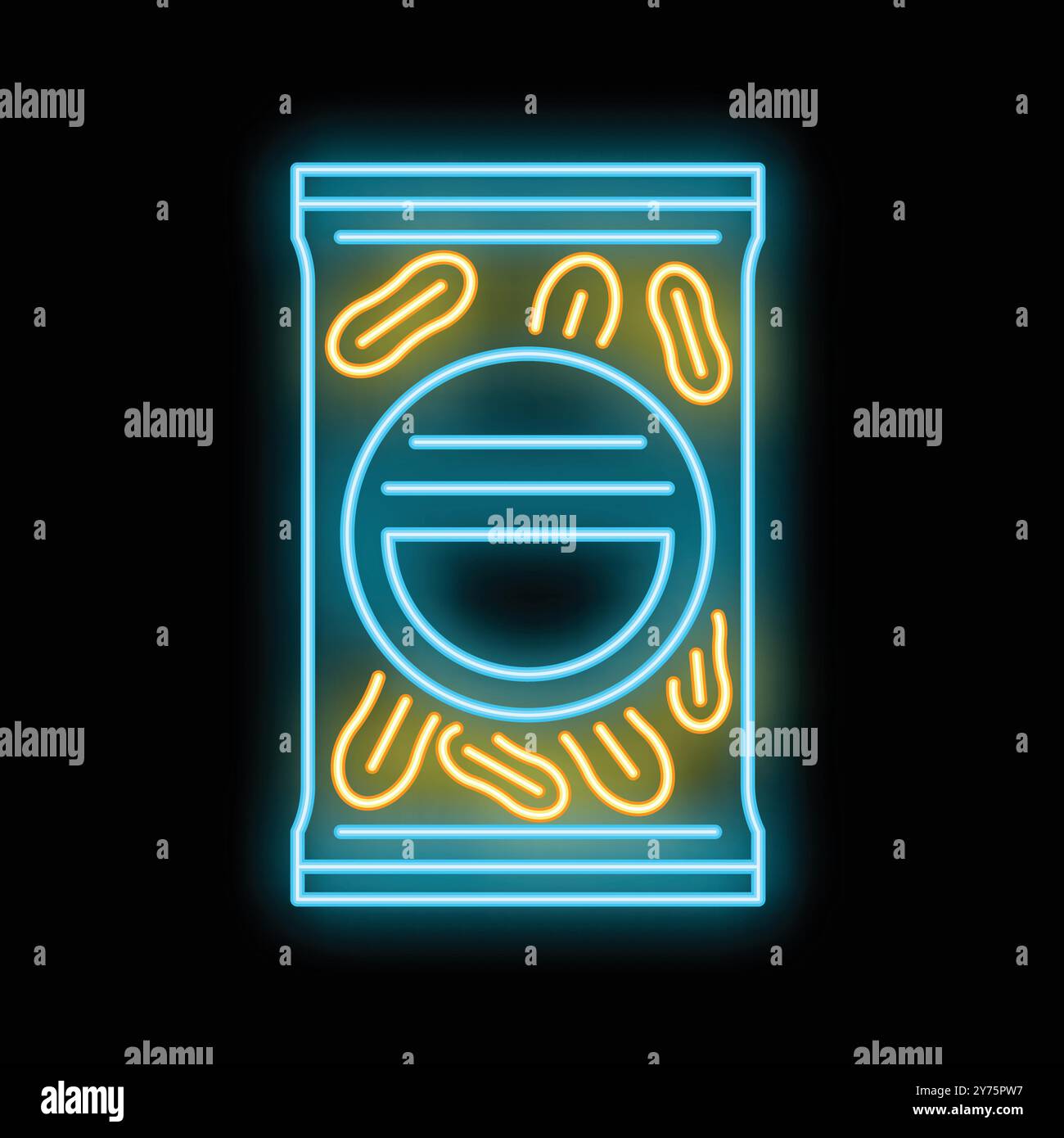 Glowing neon sign representing a pack of peanuts on a black background ...