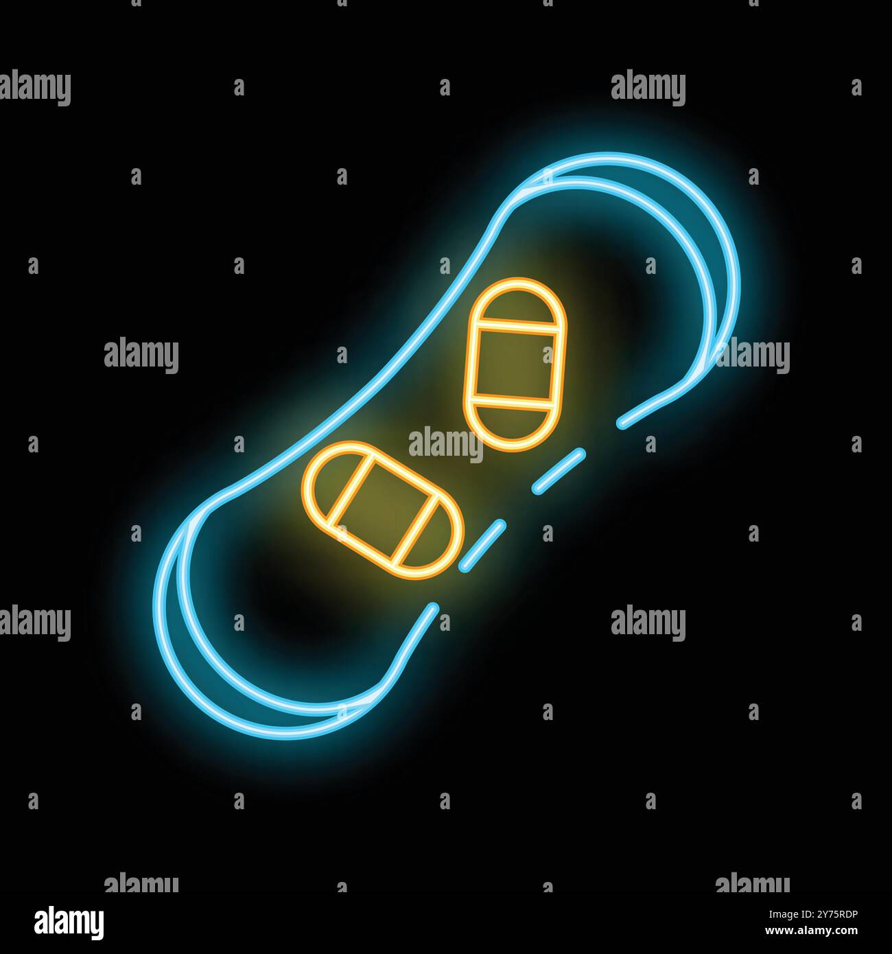 Blue and yellow neon sign representing a snowboard, on a black ...
