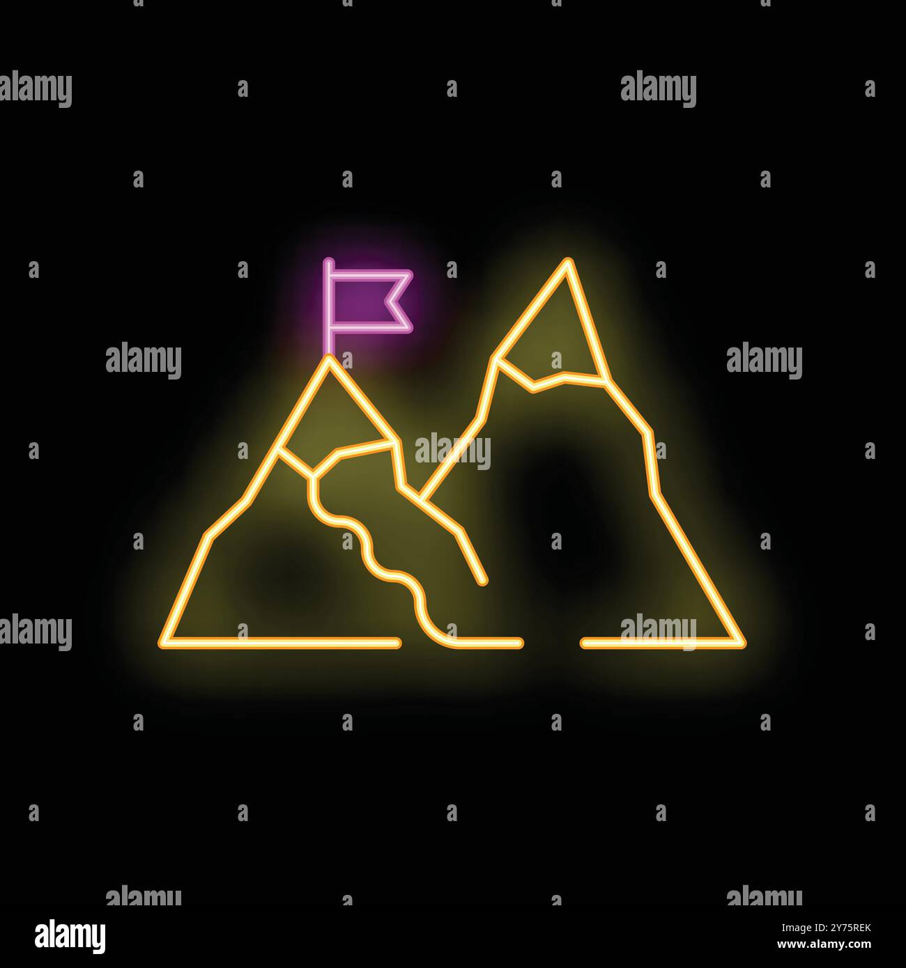 Neon sign illuminating mountains with a flag on the highest peak ...