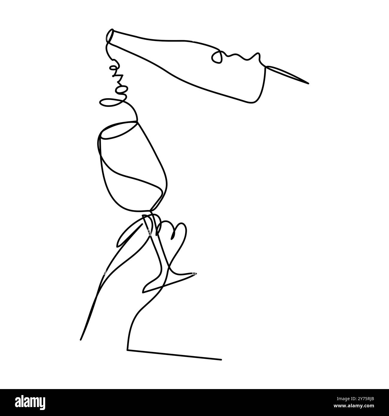 Continuous single line drawing of a bottle of wine and a glass. Hand-drawn one line picture of a ...