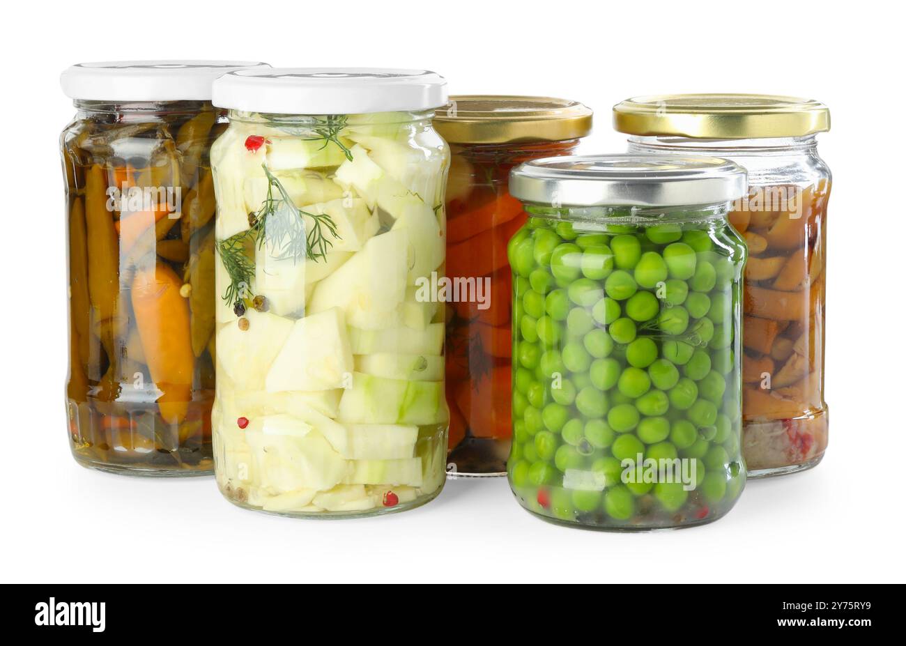 Different pickled products in jars isolated on white Stock Photo - Alamy