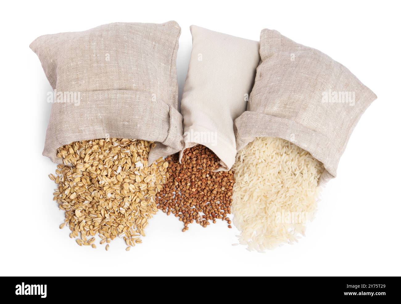 Different types of cereals in sacks isolated on white, above view Stock ...