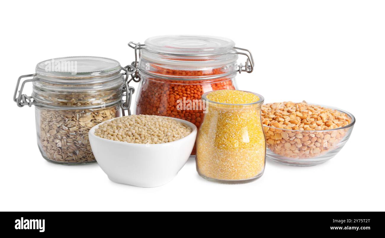 Different types of cereals and legumes isolated on white Stock Photo ...