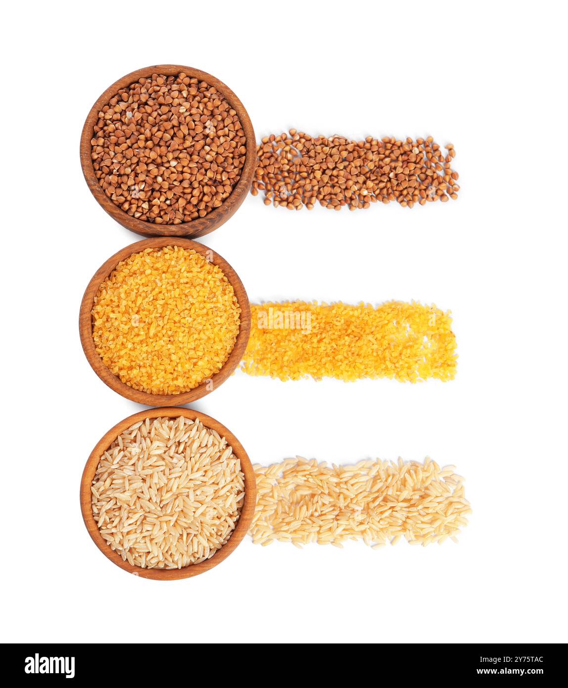 Different types of cereals in bowls isolated on white, top view Stock ...