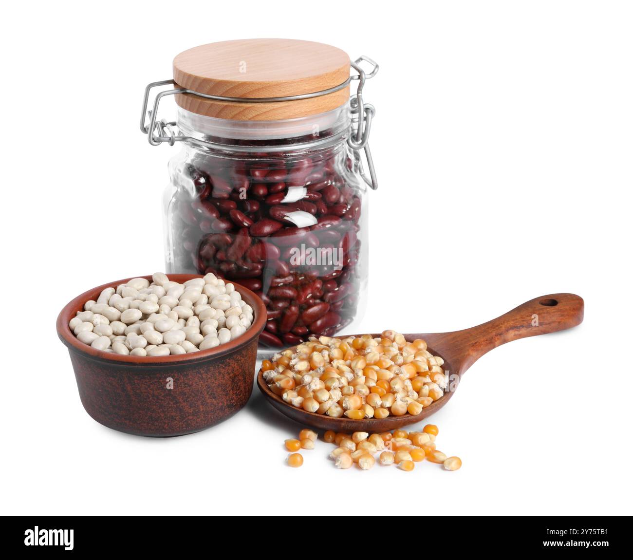 Different types of legumes and corn kernels isolated on white Stock ...