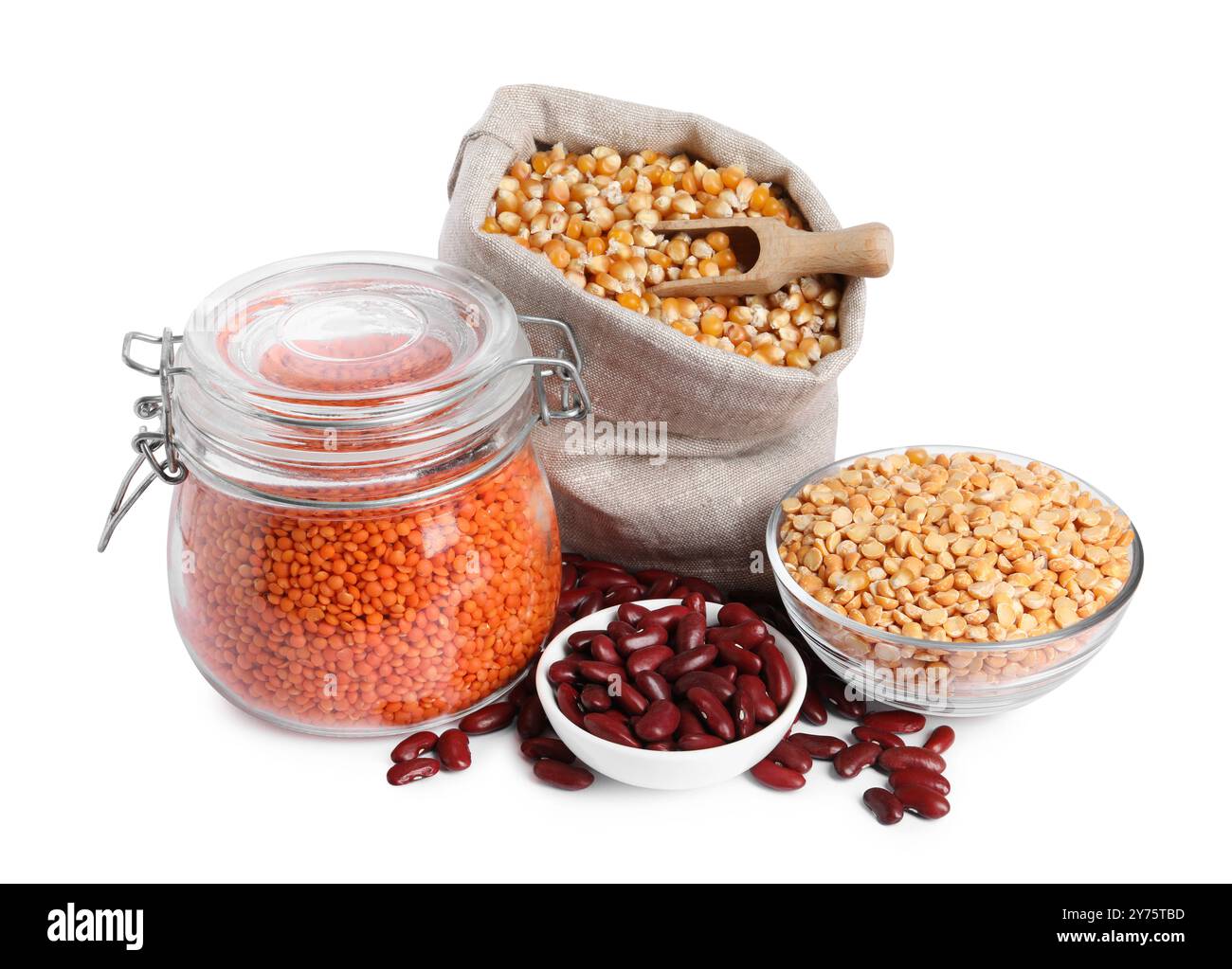 Different types of legumes and corn kernels isolated on white Stock ...