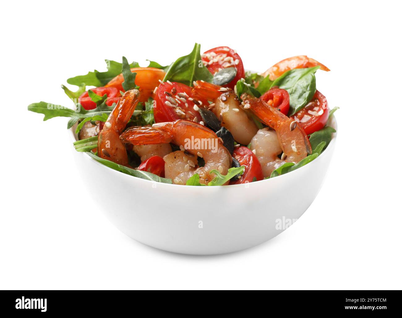 Delicious shrimp salad with vegetables in bowl isolated on white Stock ...