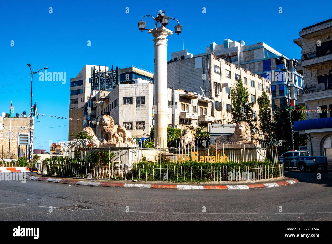 Lion statues at Al Manara Square in the downtown district of Ramallah ...