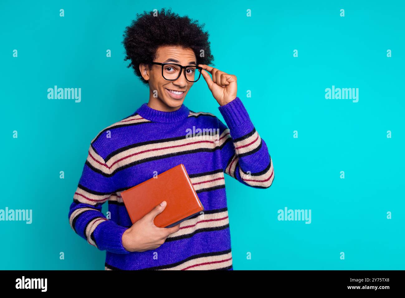 Photo of intelligent man guy with wavy hairstyle dressed knitwear ...