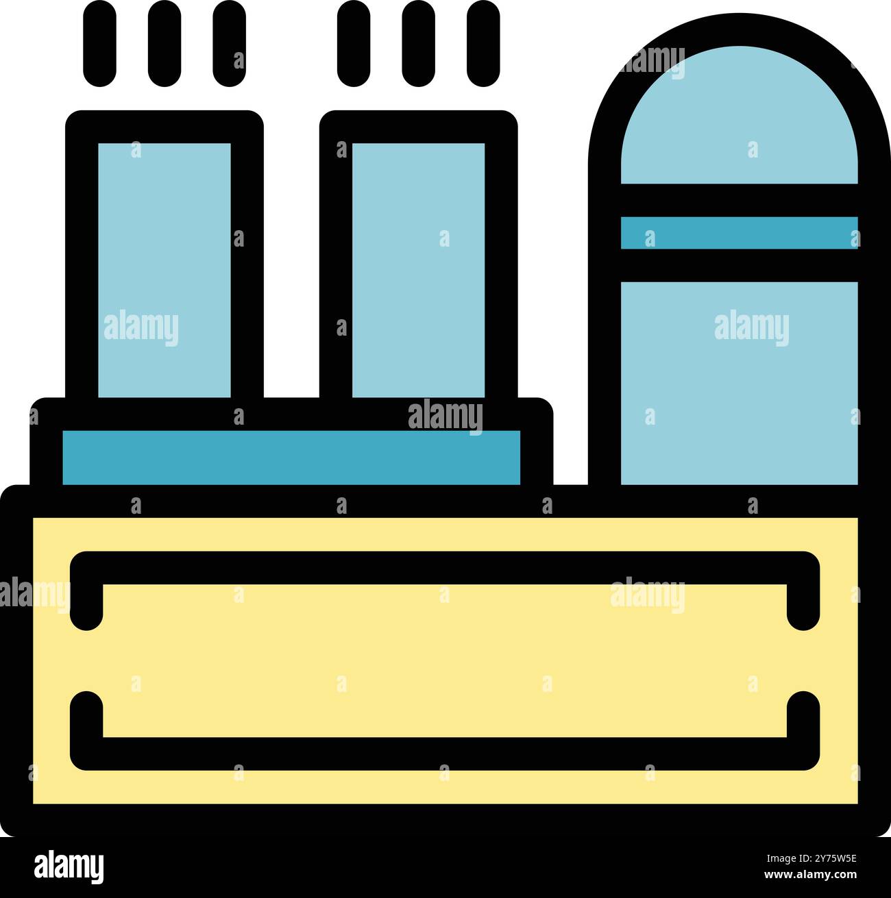 Simple colorful icon of a factory building with pipes emitting smoke ...