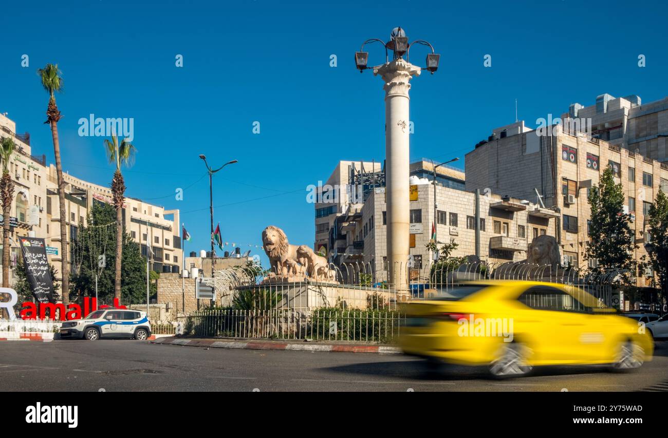 Lion statues at Al Manara Square in the downtown district of Ramallah ...