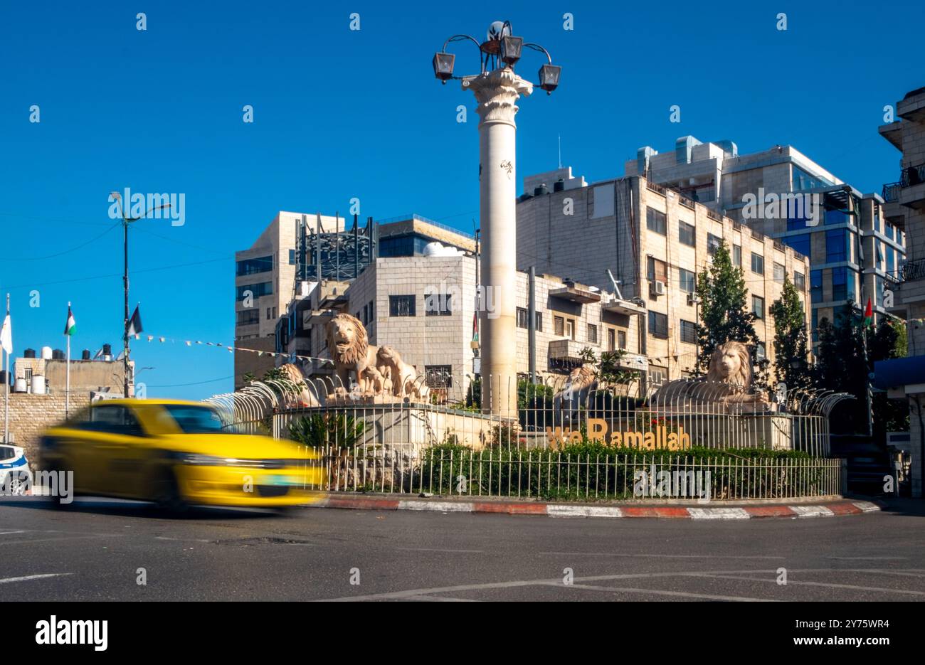 Lion statues at Al Manara Square in the downtown district of Ramallah ...