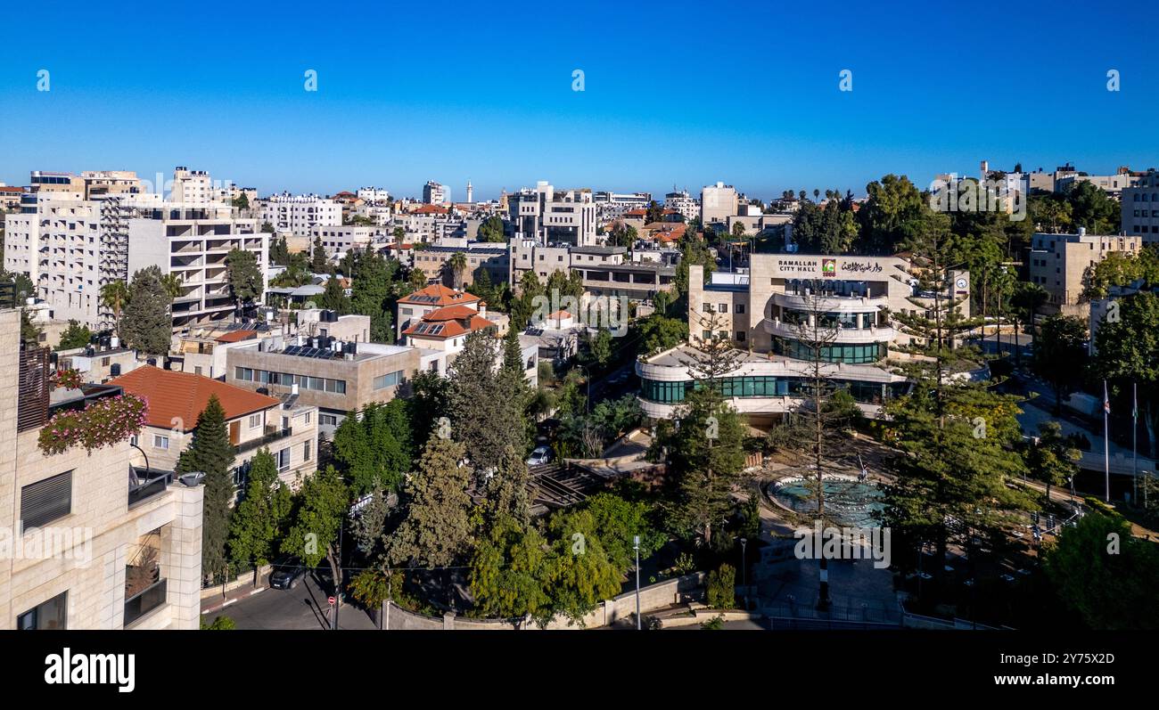 Skyline of downtown Ramallah, Palestine with the city hall building in ...