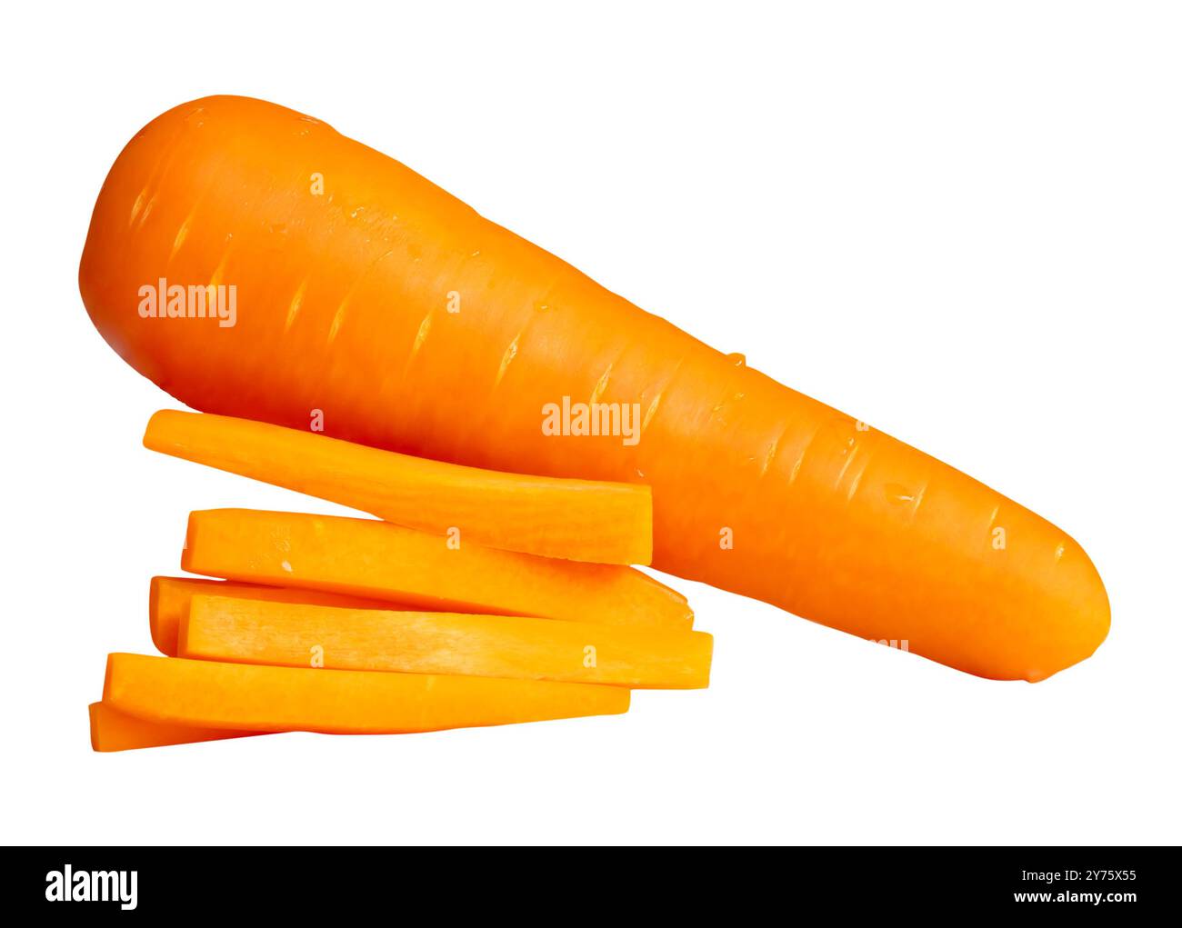Side view of orange carrot with slices in stick shape in stack is ...