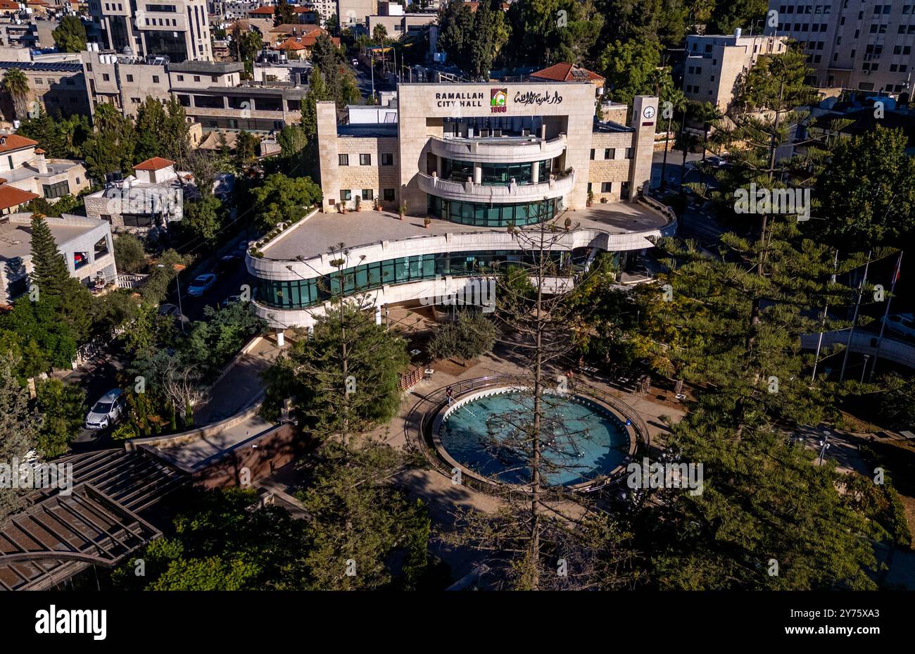 Skyline of downtown Ramallah, Palestine with the city hall building in ...