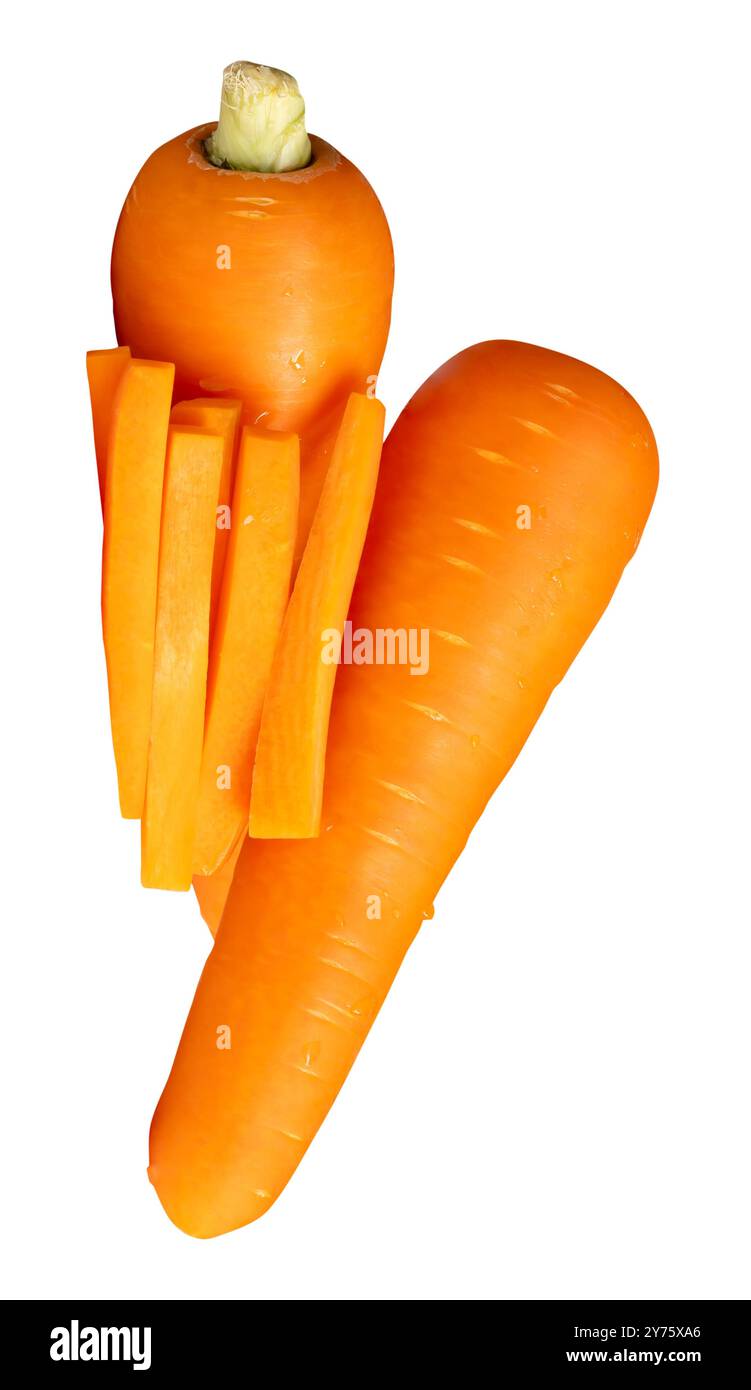 Top view of orange carrot with slices in stick shape in stack is ...