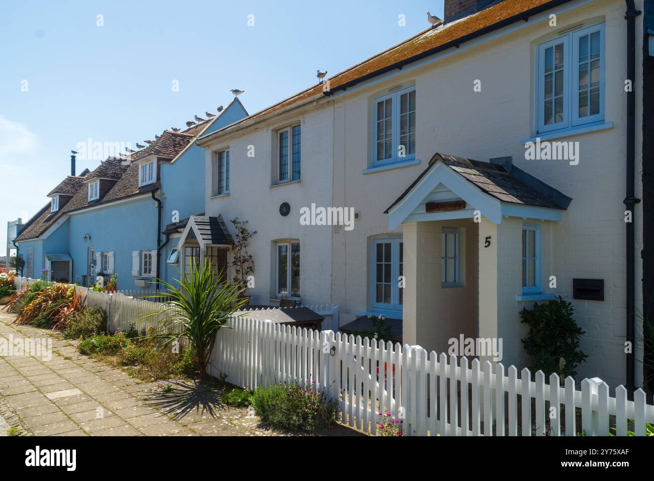 Mudeford Quay, UK - August 11th 2024: Gulls on the roof of a row of ex ...