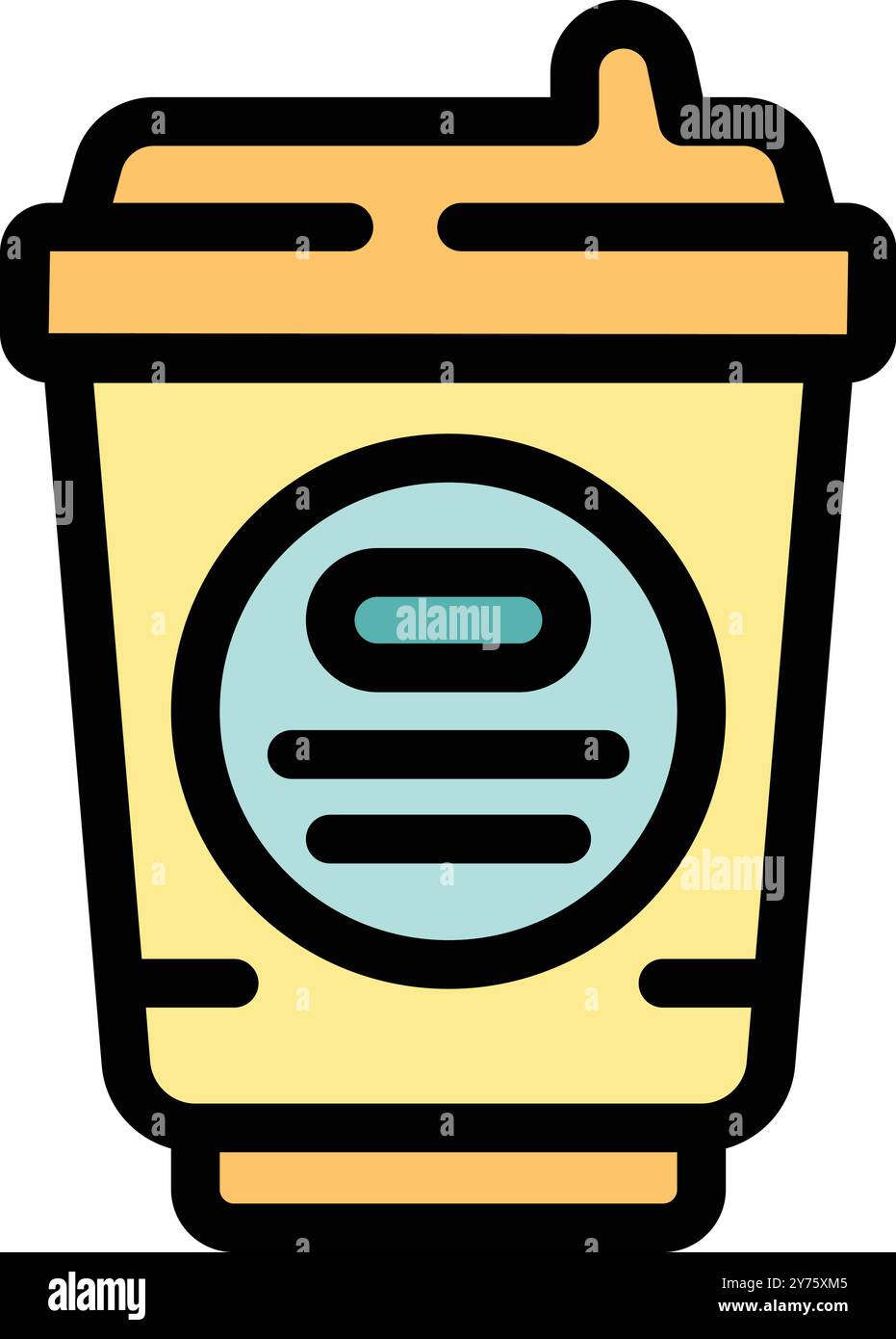 Simple flat vector illustration of a yellow to go coffee cup with a blank customizable label for ...