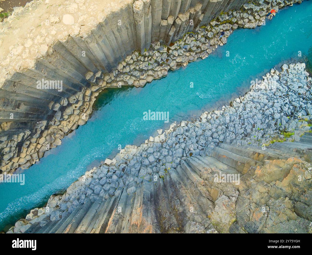 Aerial view of Stuðlagil Canyon known for its columnar basalt rock ...
