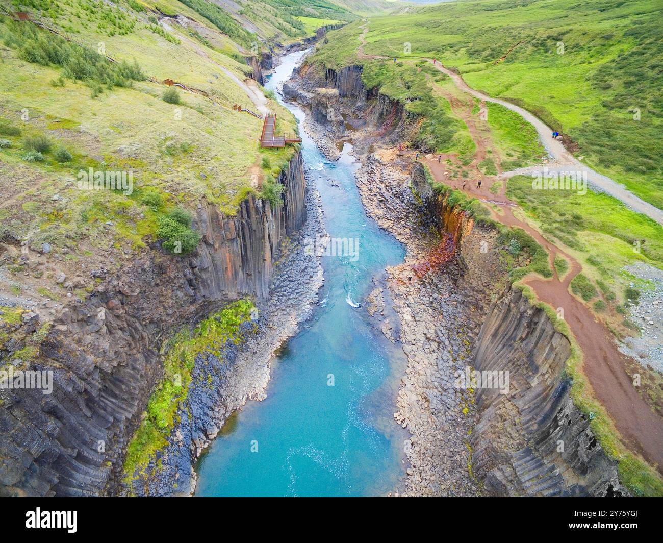 Aerial view of Stuðlagil Canyon known for its columnar basalt rock ...