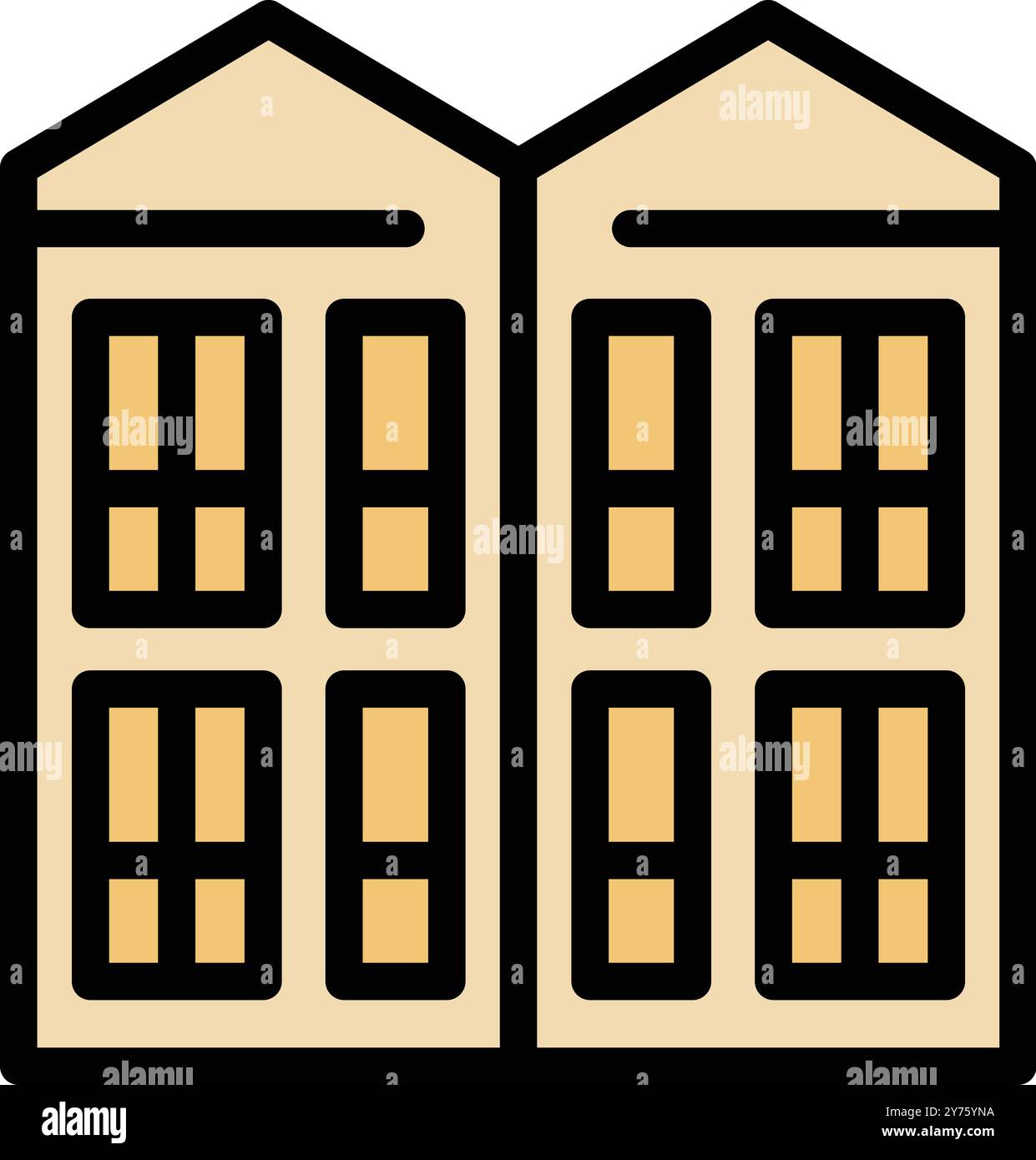 Simple icon of a townhouse building facade showing windows and doors ...