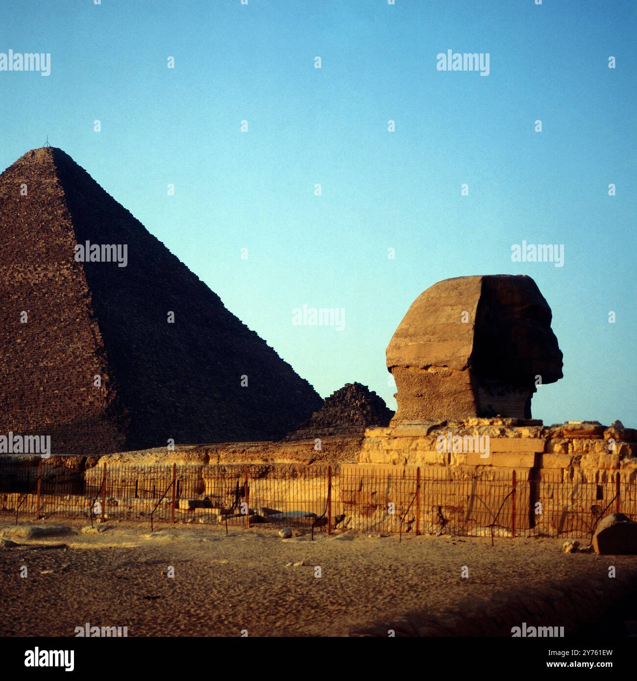 Große Sphinx von Gizeh, im Hintergrund die Pyramide des Cheops, beim ...