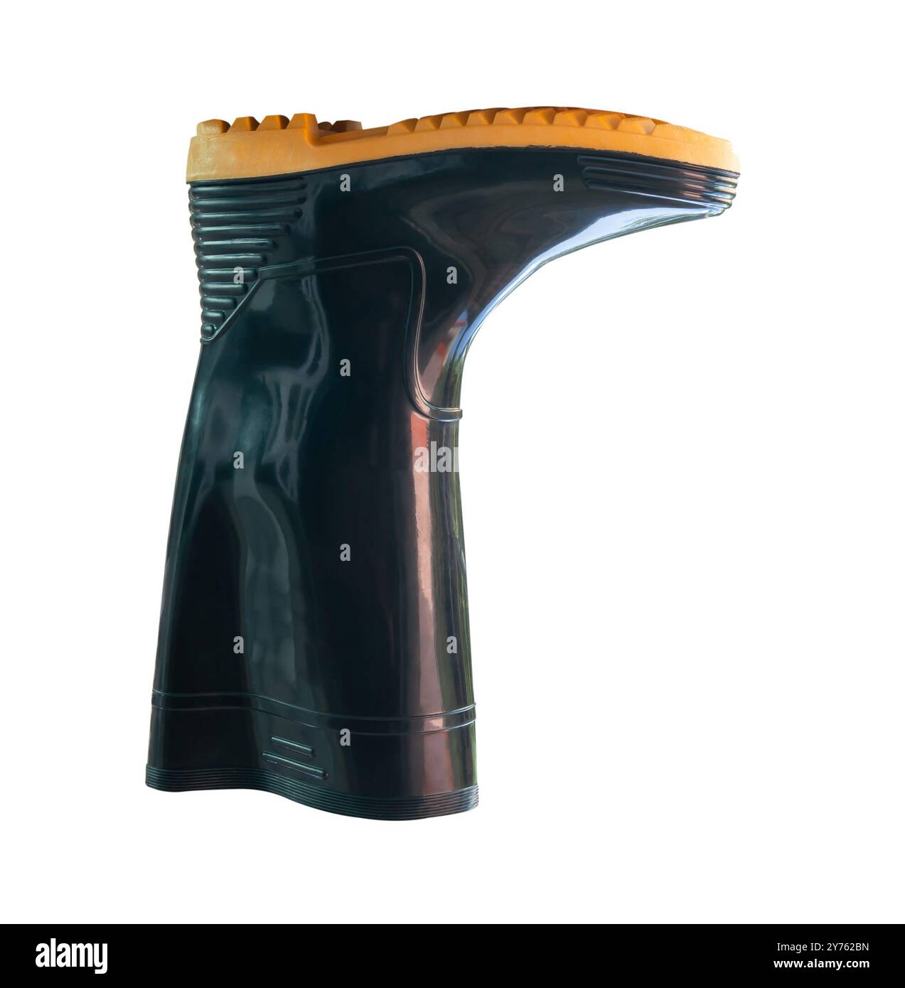 Side view of one side of black gumboots or rubber boots is isolated on ...