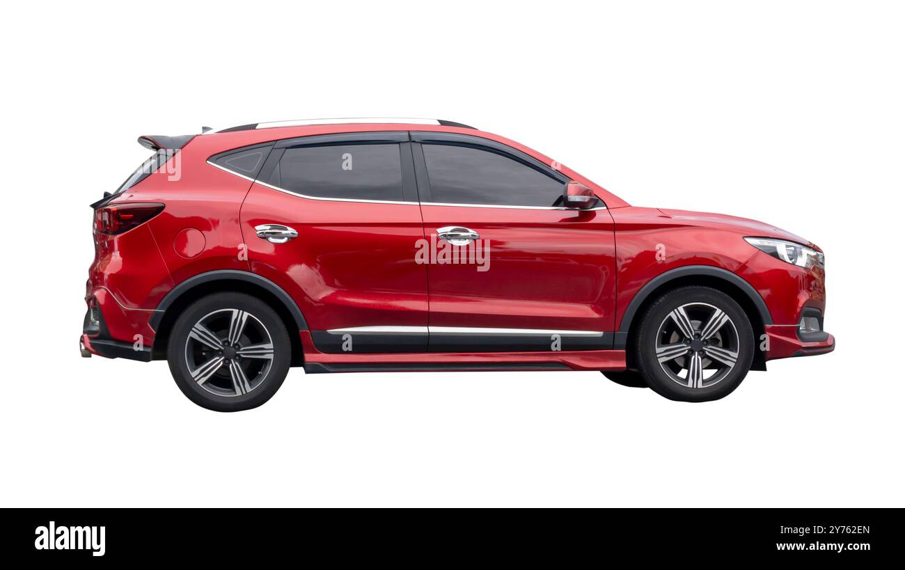 Side view of mini red SUV car is isolated on white background with ...