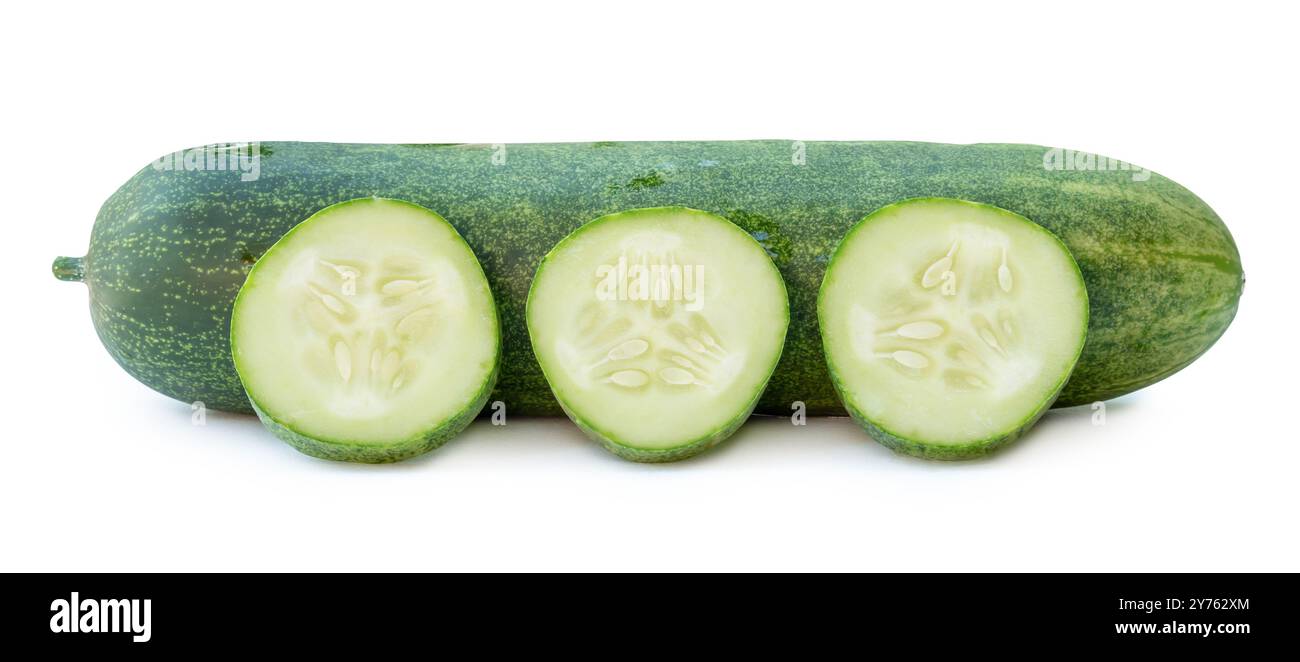 Side view of fresh green cucumber with slices in circle shape in stack ...
