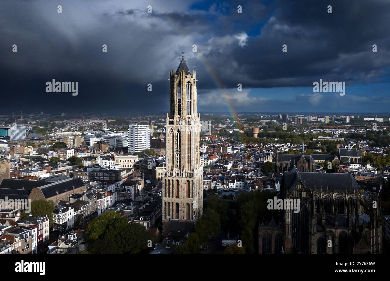 UTRECHT - The Dom Tower in downtown Utrecht. The church tower is fully ...