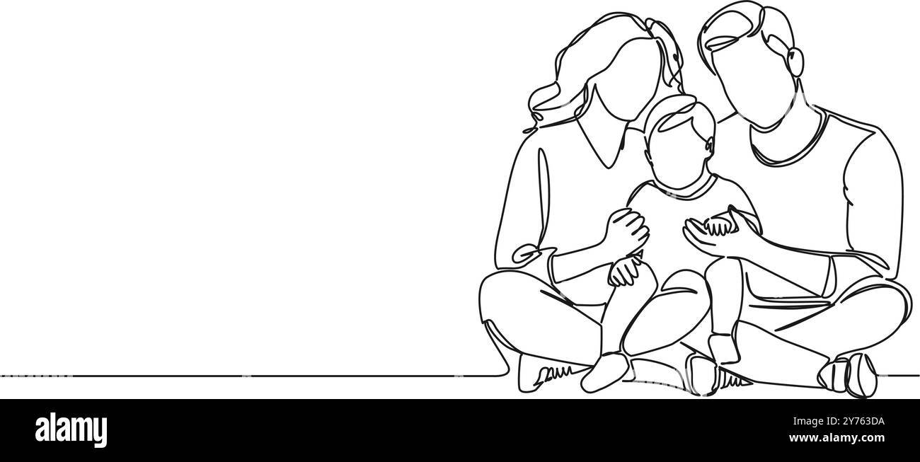 Continuous Single Line Drawing Of Parents With Toddler Sitting On Floor Continuous Single Line Drawing Of Parents With Toddler Sitting On Floor