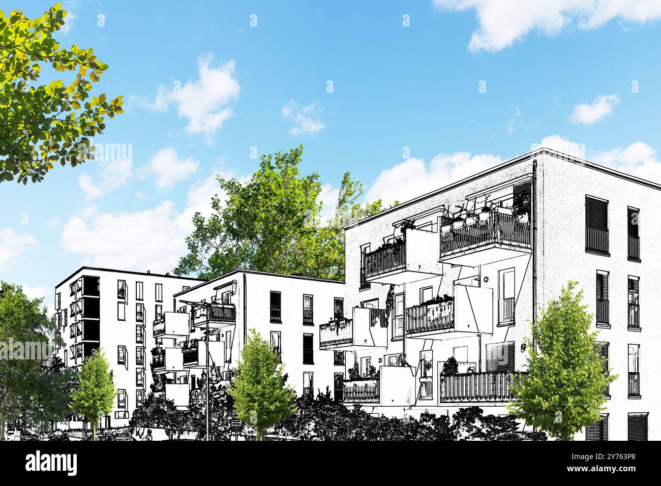 Drawing sketch of a residential area with modern apartment buildings ...