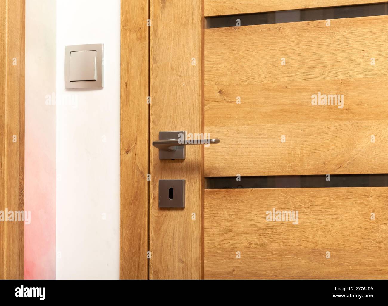 Simple metal door handle in a generic modern residential apartment ...