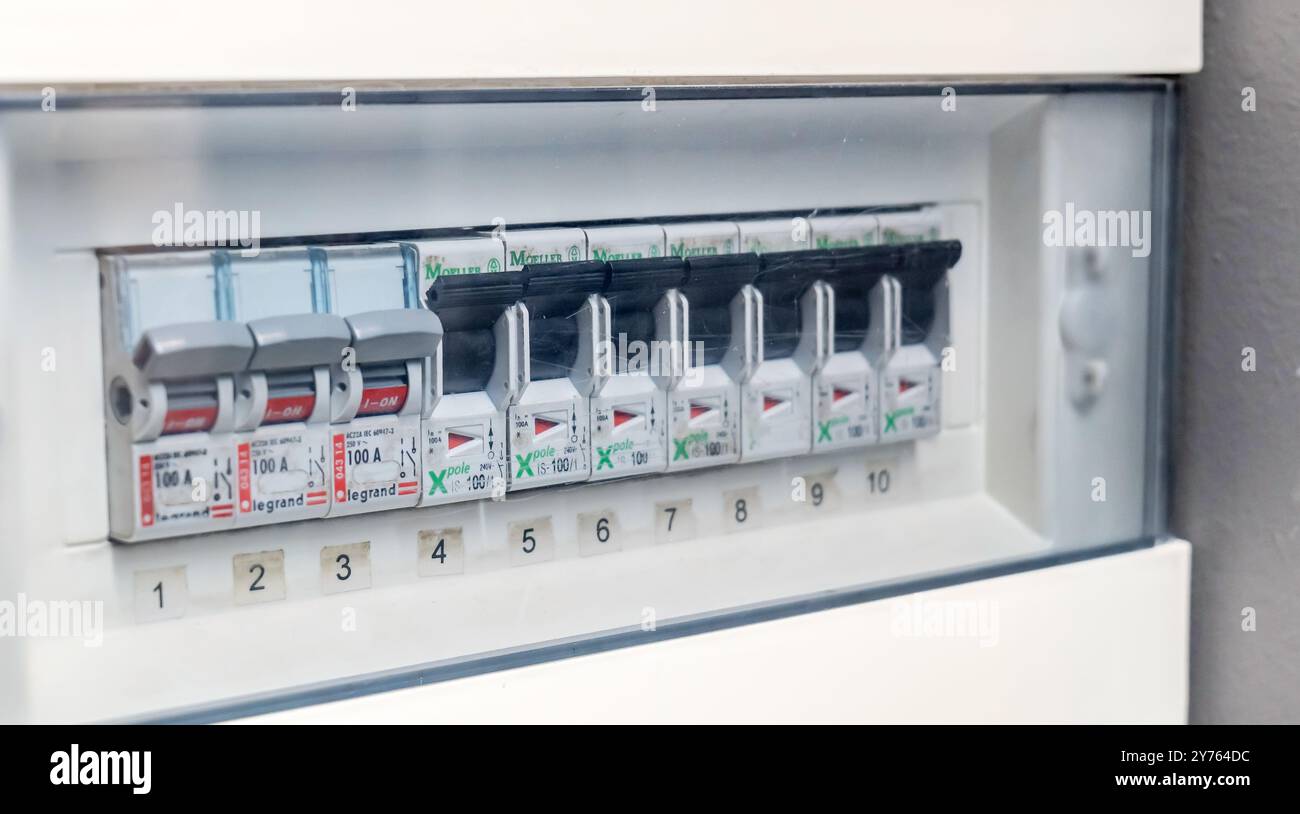 Modern breaker box, electrical panel with 10 numbered safety circuit ...