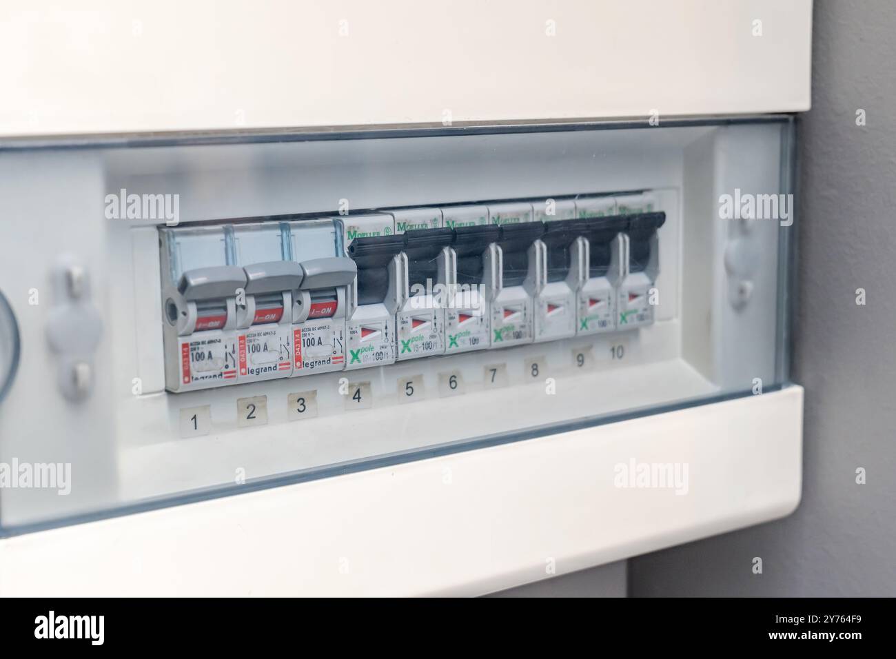 Modern breaker box, electrical panel with 10 numbered safety circuit ...