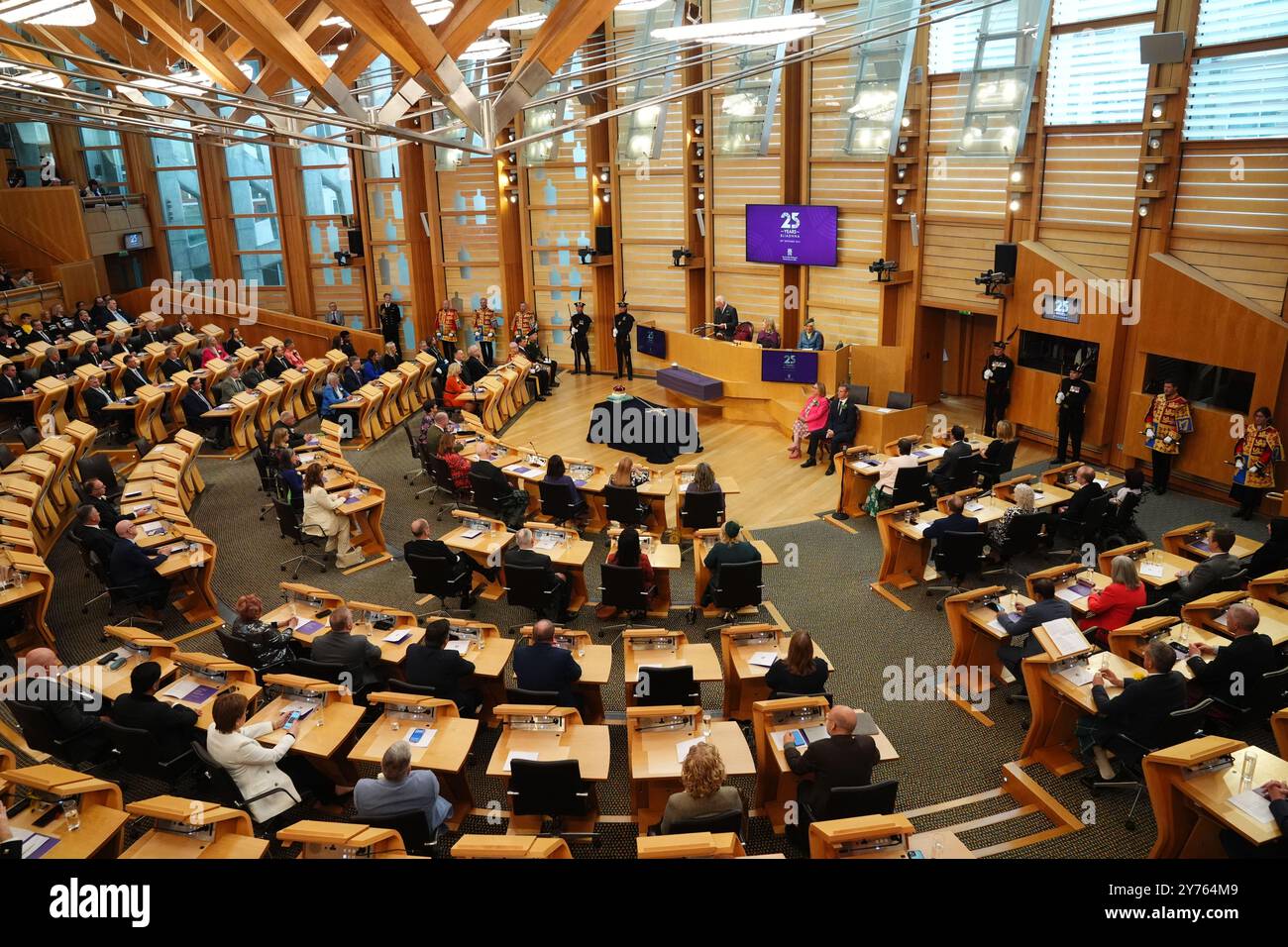 King Charles III addressing the Holyrood Chamber during a visit to the ...