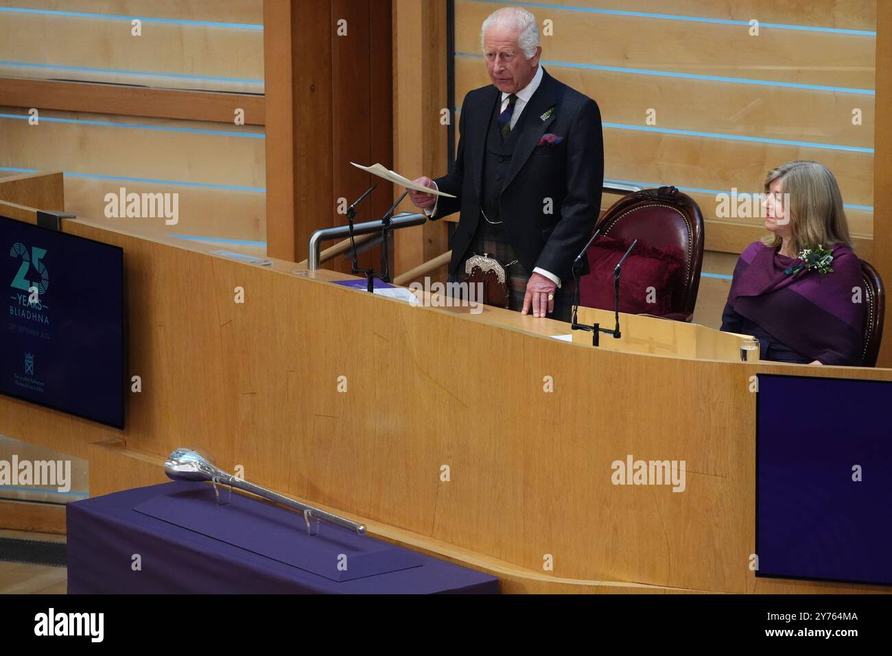 King Charles III addressing the Holyrood Chamber during a visit to the ...