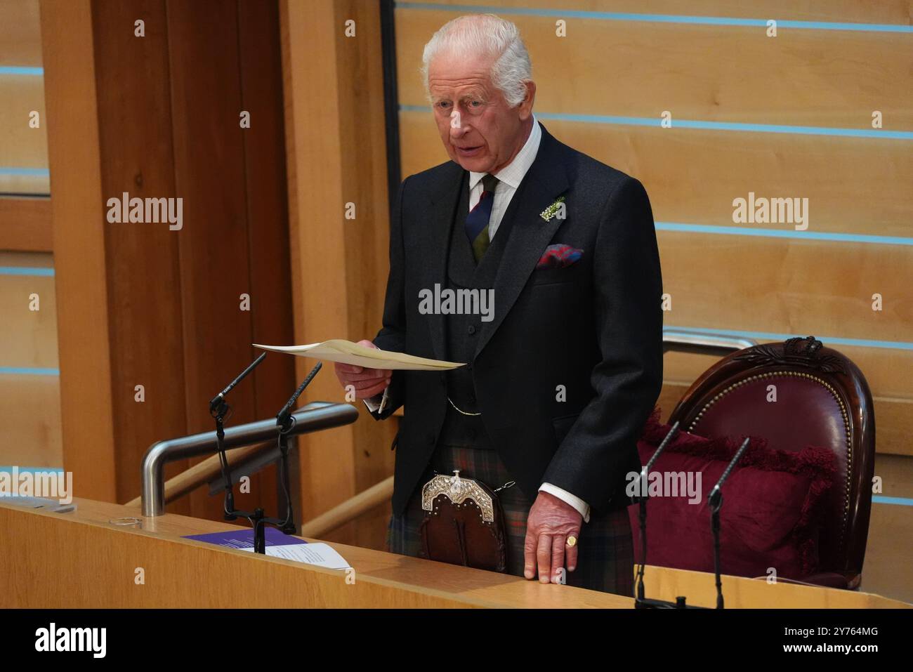 King Charles III addressing the Holyrood Chamber during a visit to the ...