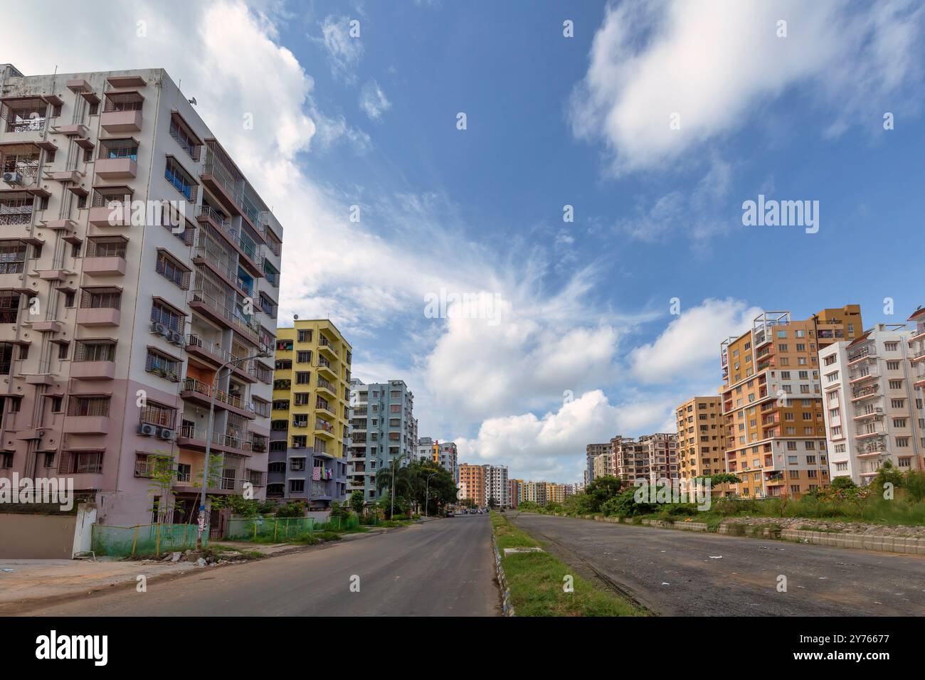 Residential multistory apartment buildings with city road at Rajarhat ...