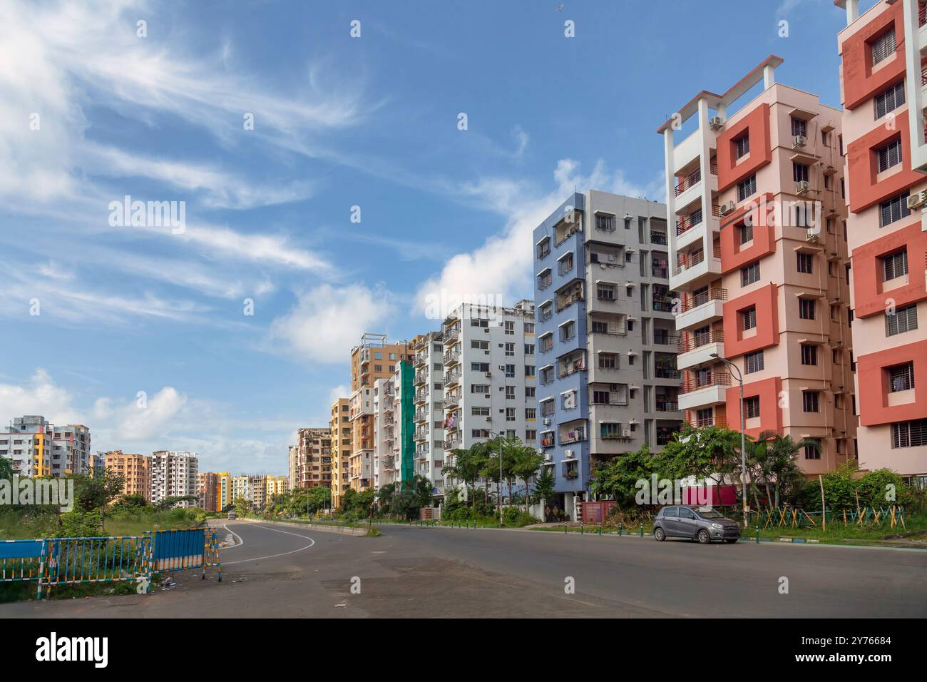 Residential multistory apartment buildings with city road at Rajarhat ...