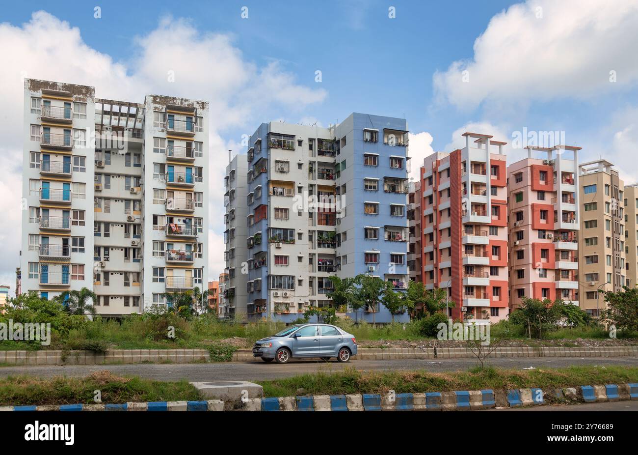 Residential multistory apartment buildings with city road at Rajarhat ...