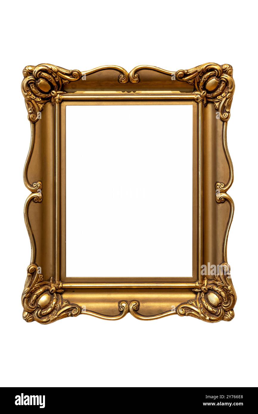 Small empty blank gold decorative vertical painting frame on a museum ...