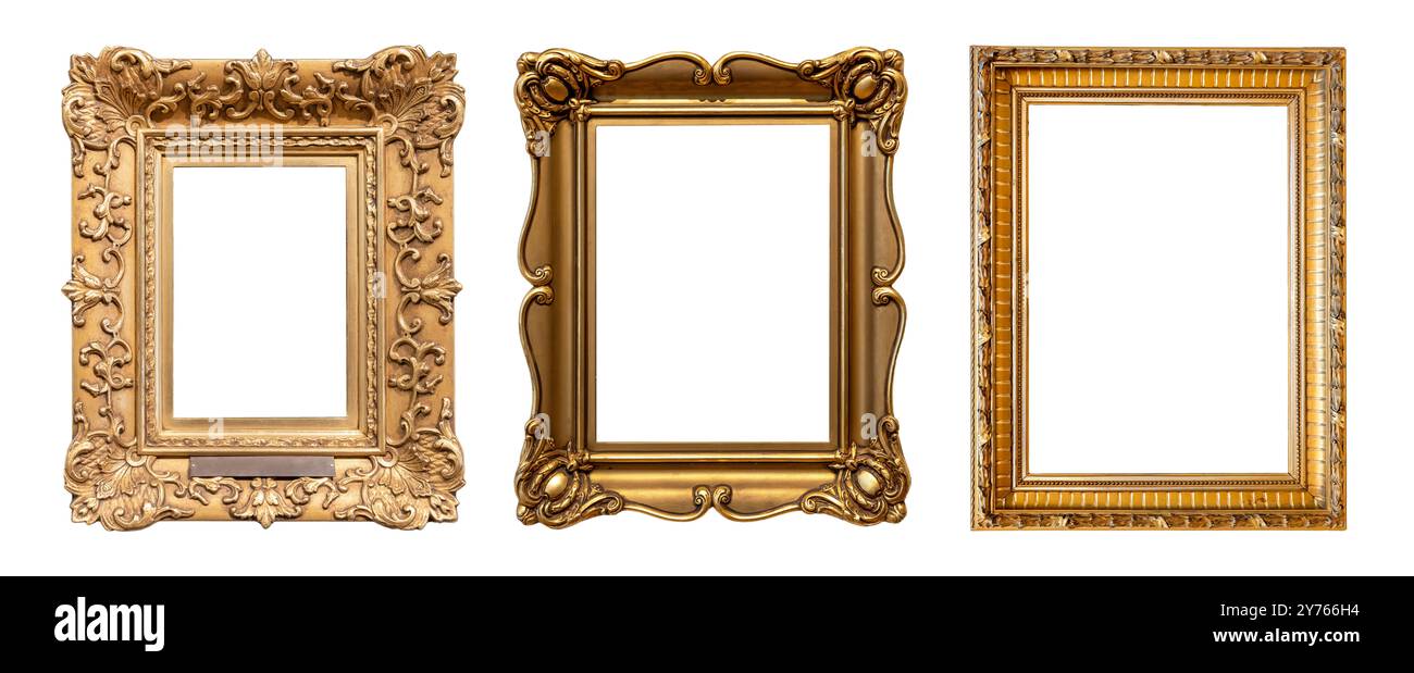 Set of three different empty blank old fashioned gold painting frames ...