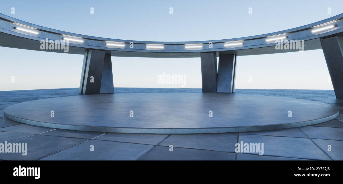 Car podium. Hangar with metal tiles. Industrial background. Futuristic ...