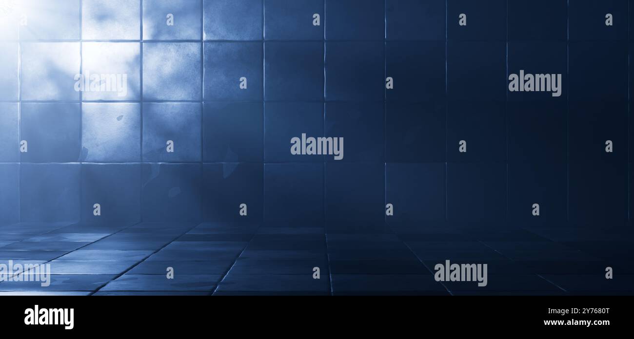 Blue background. Rays of light on a dark tiled floor. 3D rendering of a ...