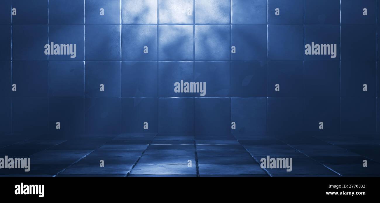 3D rendering of a dark empty warehouse. Tiled floor in a dark room with ...