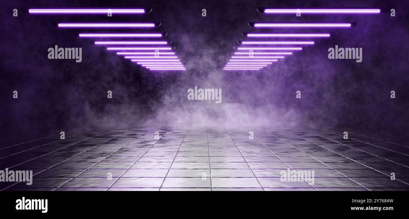 Garage or hangar with purple neon light. Black background. Smoke or fog ...